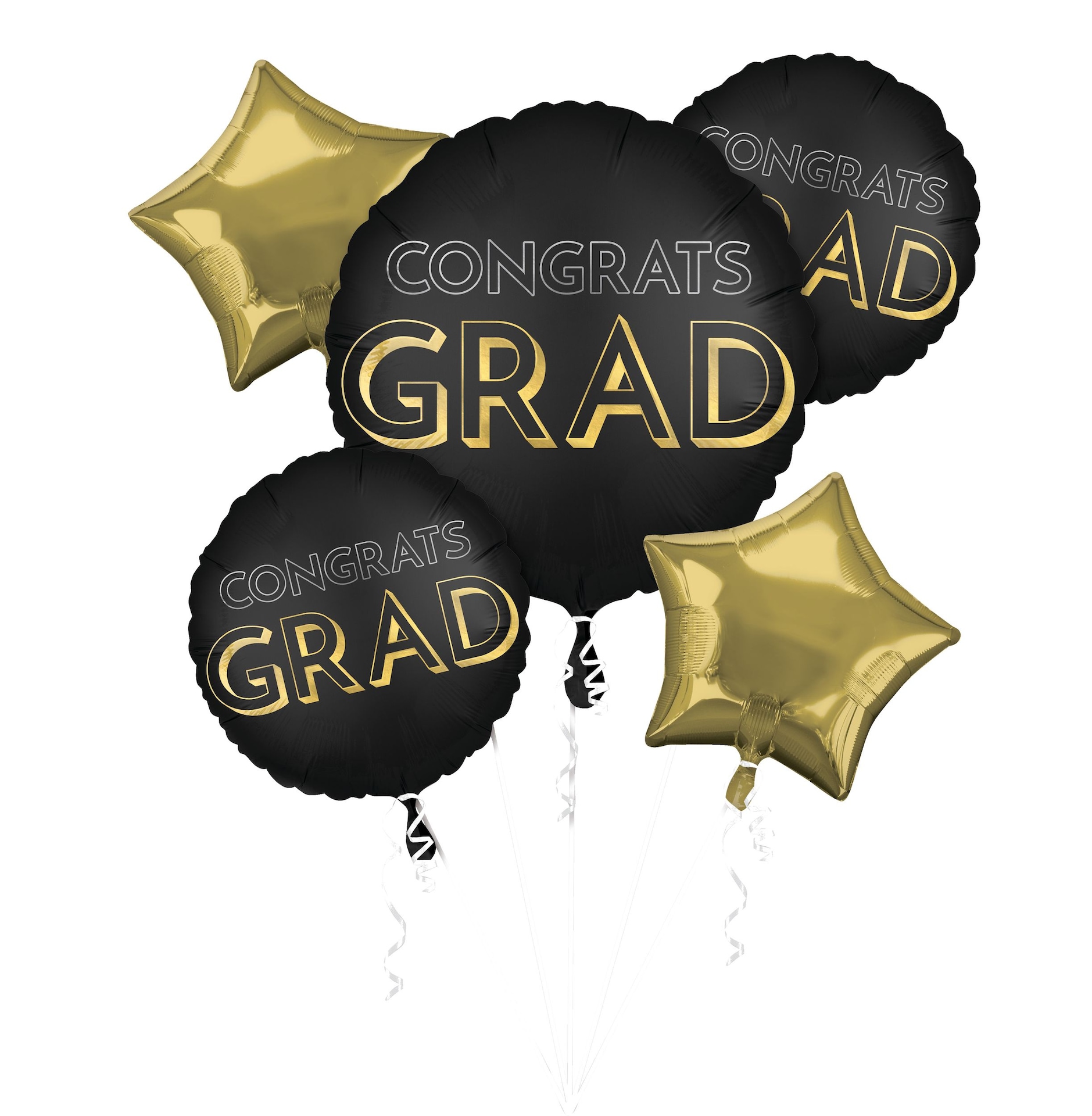"Congrats Grad" Star/Round Satin Foil Balloon Bouquet, Black/Gold, 5-pk ...