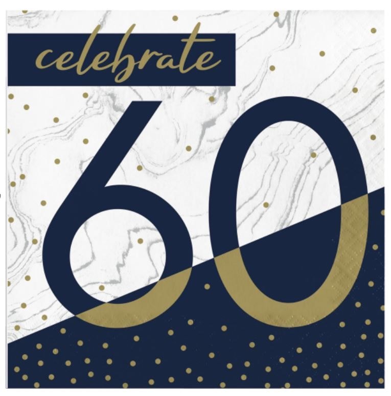 Serviettes de table de 60e anniversaire bleu marine et dorée, paq. 16 ...