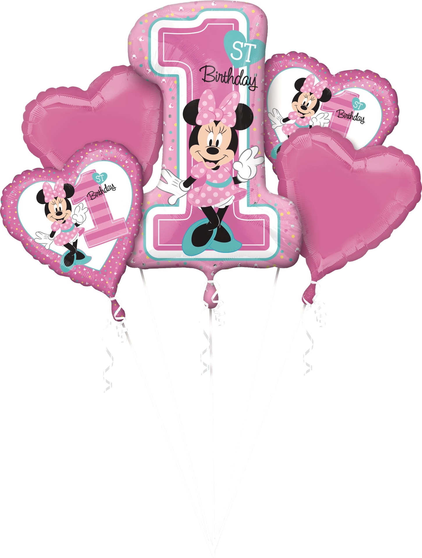 Disney Minnie Mouse "1st Birthday" Heart Satin Foil Balloon Bouquet ...
