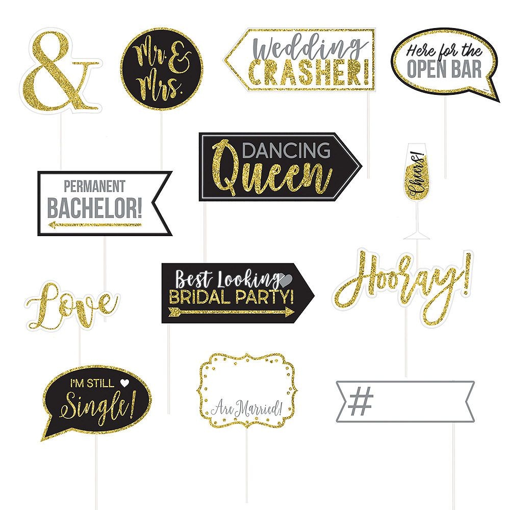 "Mr & Mrs" Photo Booth Sign Props, Black/Gold, 7-in, 13-pk, for ...