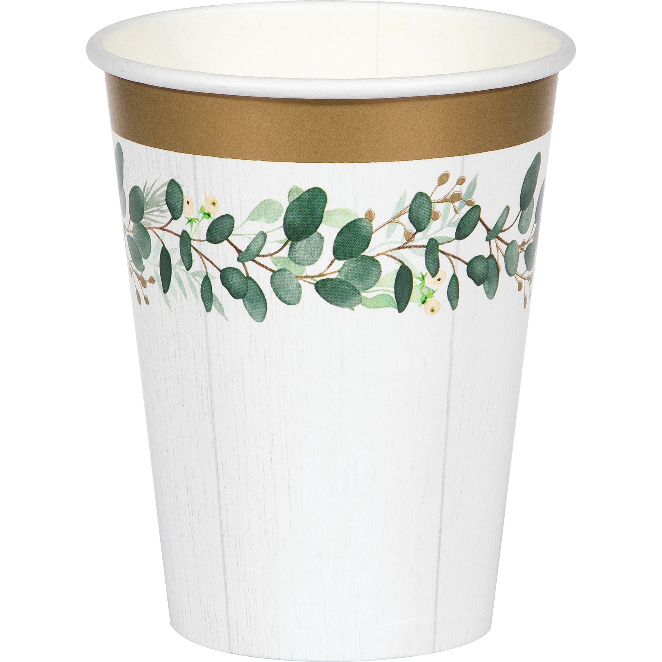 Eucalyptus Paper Disposable Cups, Gold/Green/White, Floral Greenery, 12 ...