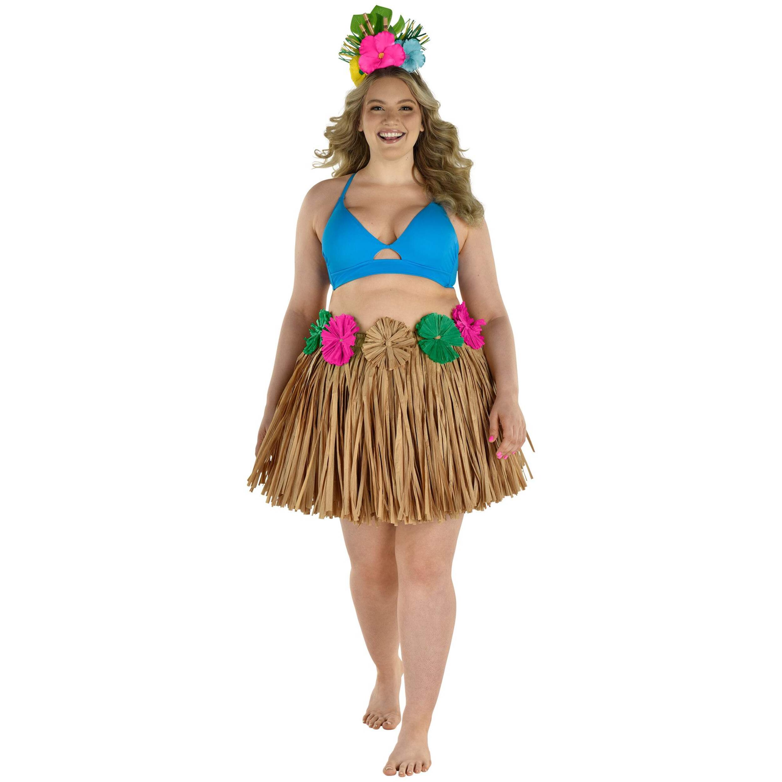 Adult Plastic Grass Hula Skirt With Raffia Flowers Tan Plus Size For