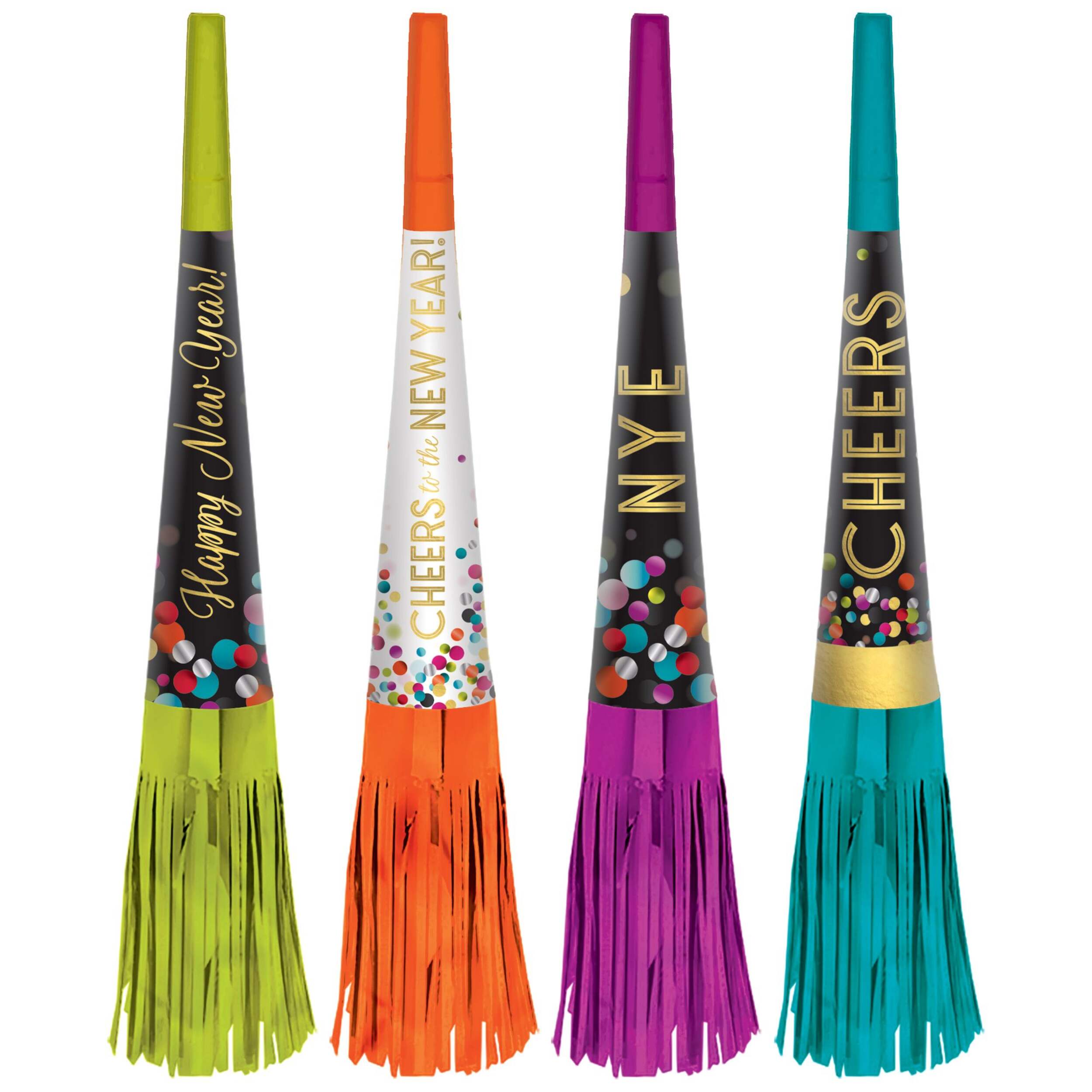 "Happy New Year" Metallic Fringe Blowout Noisemakers, Multi-Coloured, 8-pk, for New Year's Eve ...