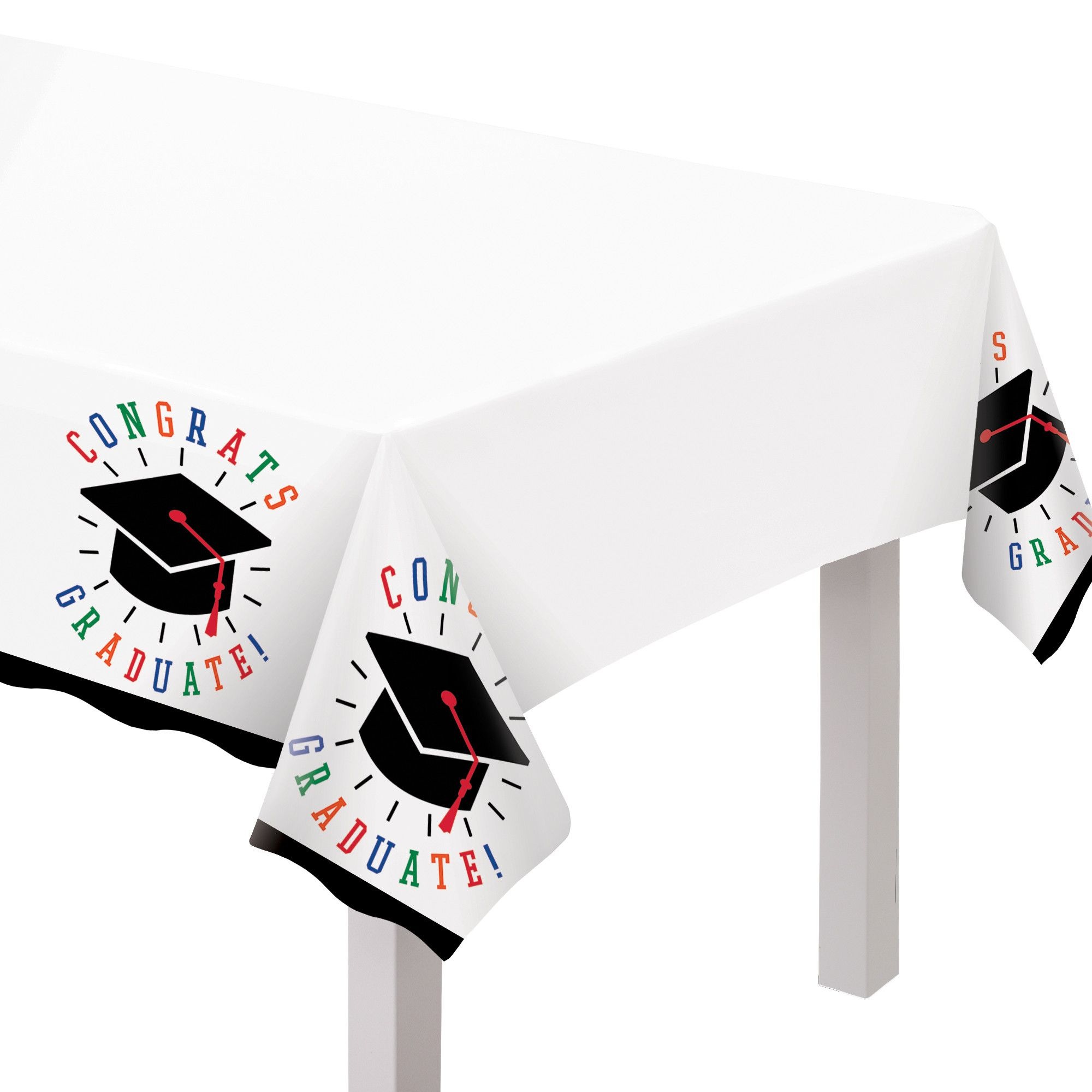"Congrats Graduate" Rectangle Plastic Reusable Table Cover, White/Multi ...