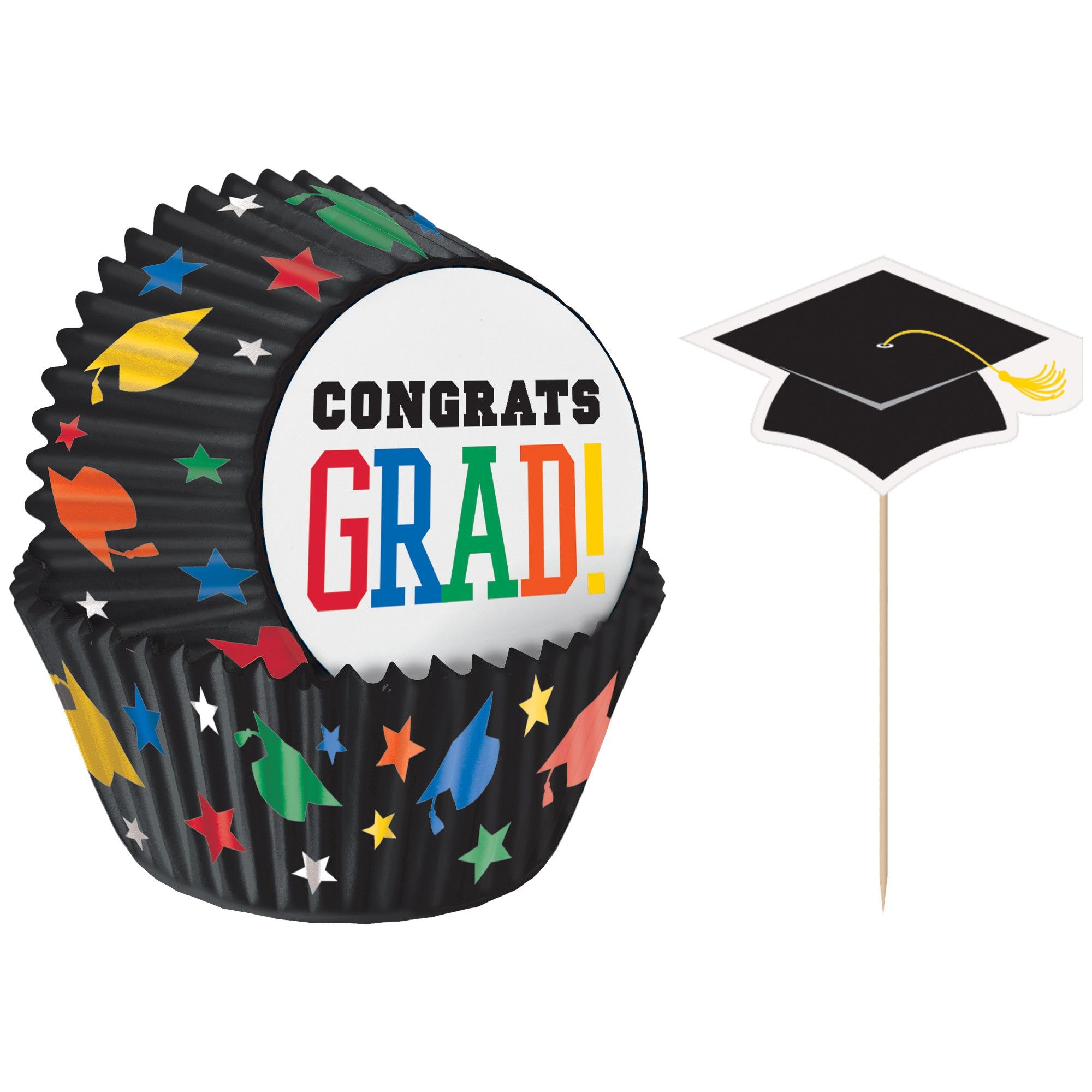 "Congrats Grad" Graduation Cap Paper Baking Cups & Party Picks, Black ...