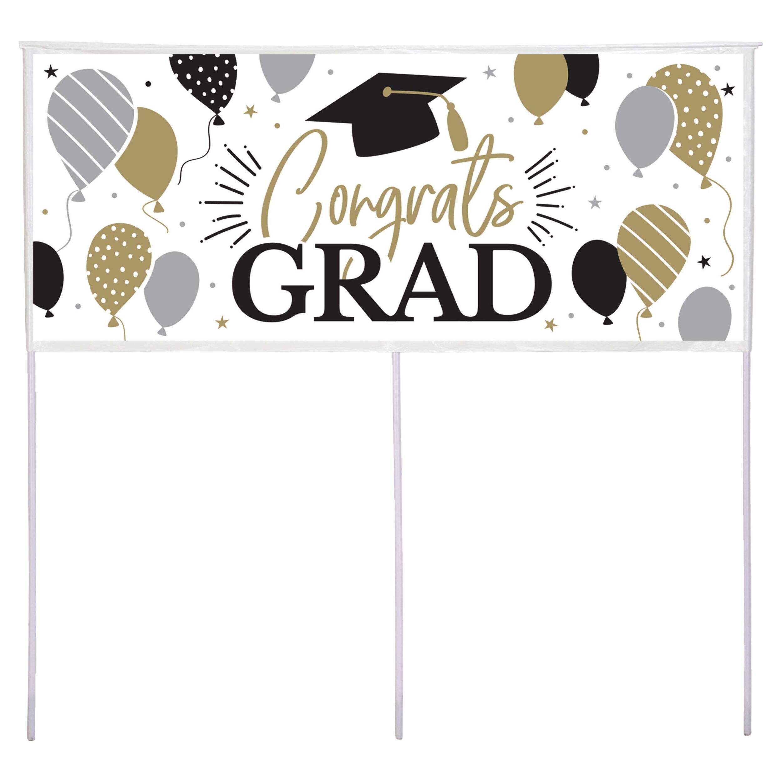 "Congrats Grad" Outdoor Yard Stake Sign Decoration, White/Silver/Gold ...