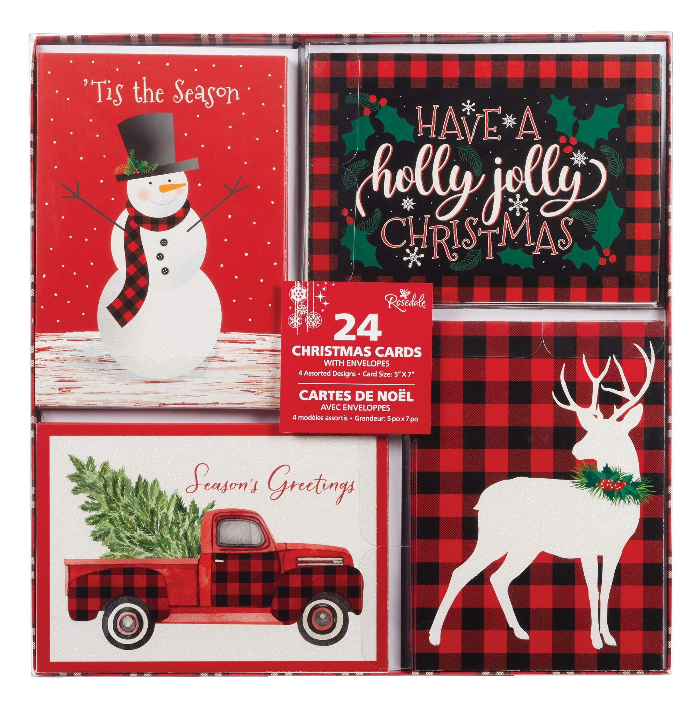 FOR LIVING Christmas Cards with Envelopes, English, Plaid, Assorted Designs, 24-pc | Party City