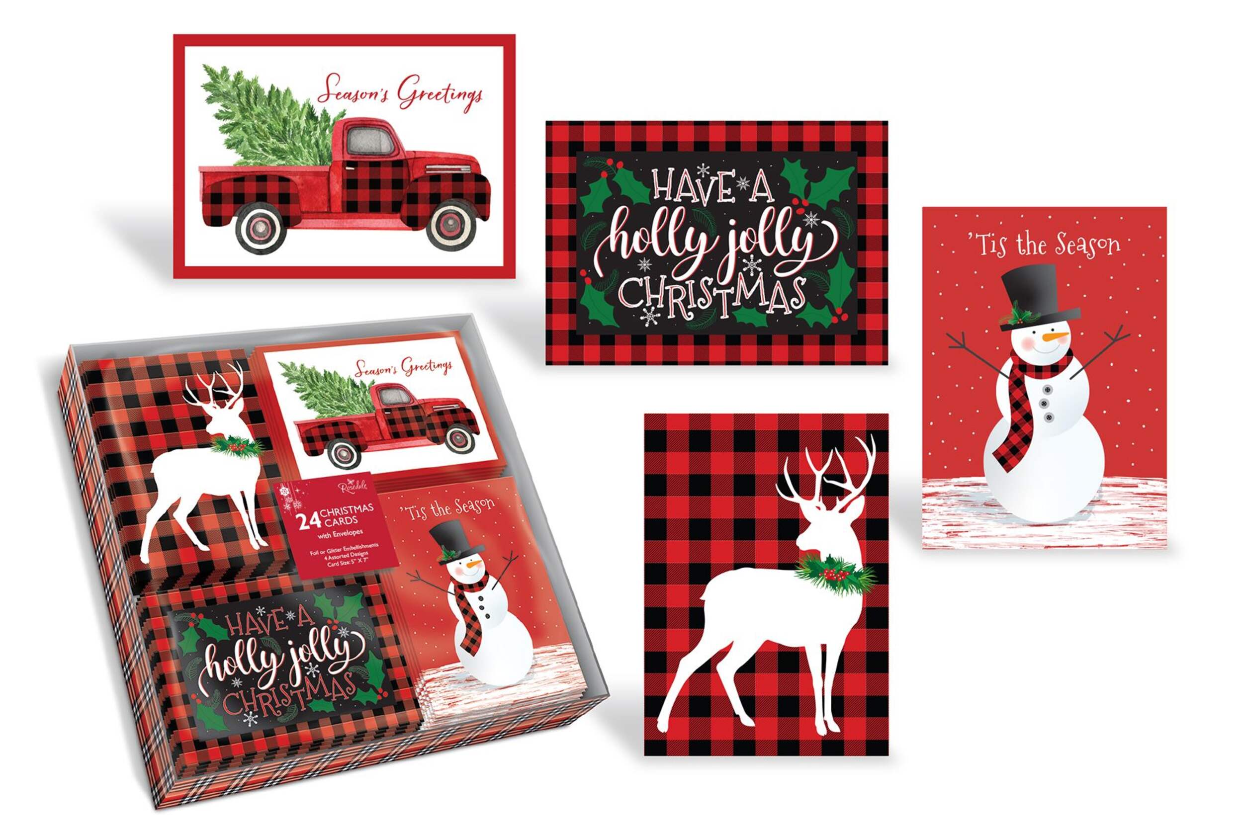 FOR LIVING Christmas Cards with Envelopes, English, Plaid, Assorted Designs, 24-pc | Party City