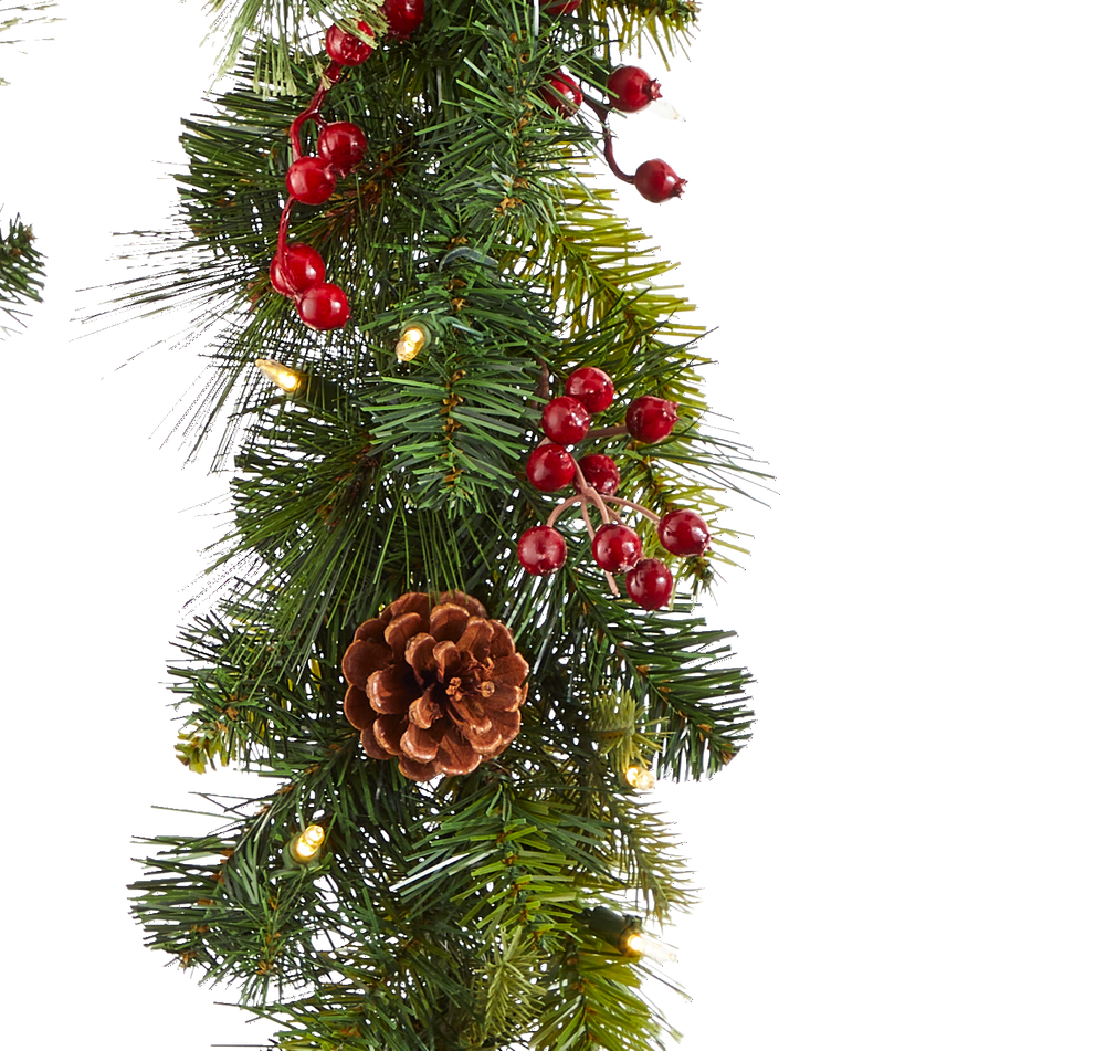 NOMA - Guirlande de Noël avec pommes de pin et baies illuminée au DEL, blanc chaud, 12 pi ...