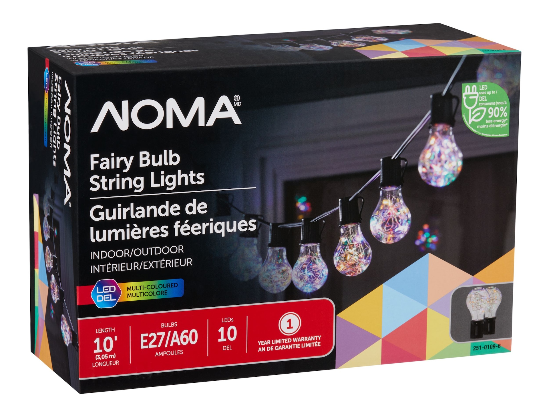 NOMA E27 Fairy Bulb LED String Lights, Indoor/Outdoor, Multi-Colour, 10 ...
