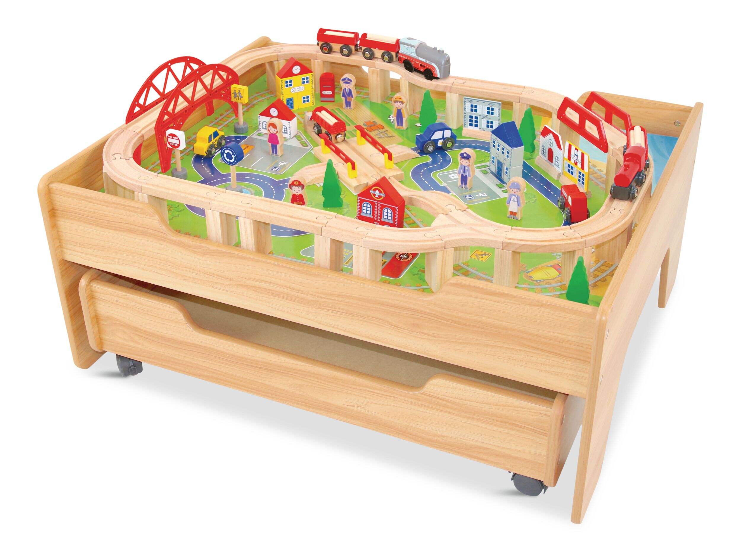 Kids' Wooden Train Track Set & Activity Table w/Rolling Storage Drawer ...